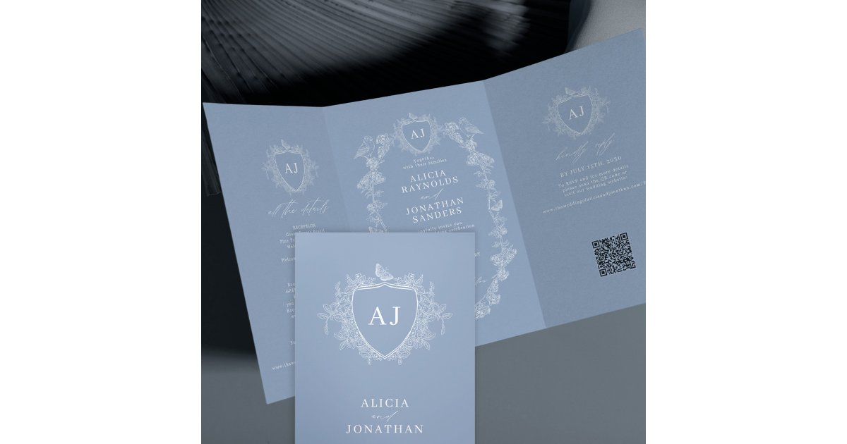 Classic dusty blue French floral QR code wedding Tri-Fold Invitation ...