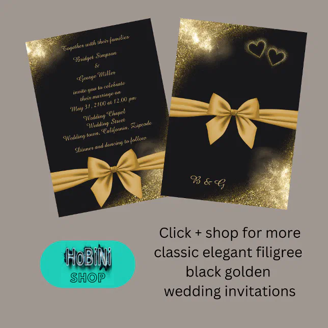 classic elegant filigree black golden wedding invitation | Zazzle