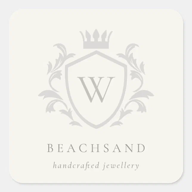 Classic Elegant Grey Monogram Floral Crown Crest Square Sticker | Zazzle