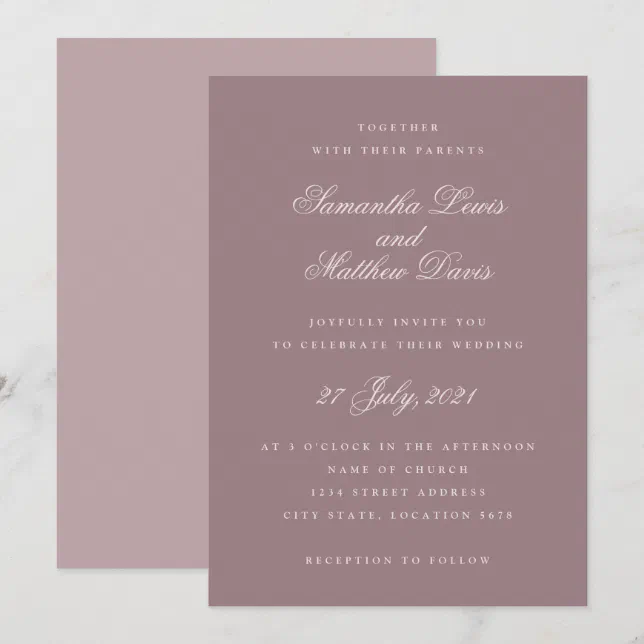 Classic Elegant Script Purple Mauve Wedding Invitation | Zazzle