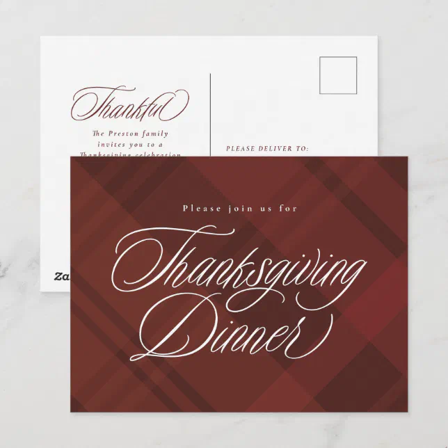 Classic fall plaid Thanksgiving Dinner invitation Postcard | Zazzle