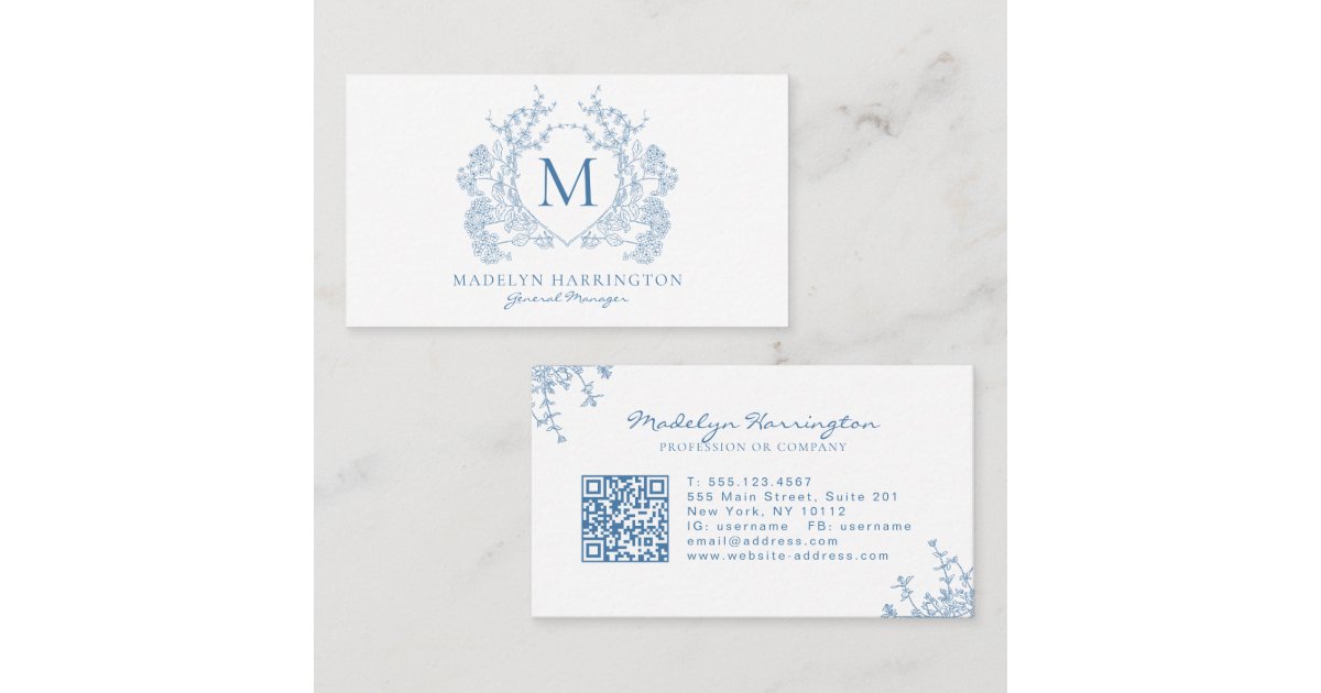 Classic French Blue Floral Crest Monogram QR Code Business Card | Zazzle
