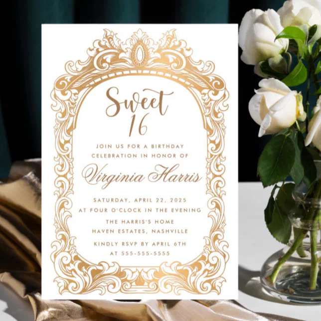 Classic Gold Border Sweet Sixteen 16 Birthday Invitation | Zazzle