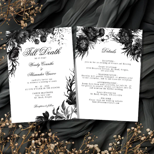 Classic Gothic White 'Till Death Wedding Details Invitation | Zazzle