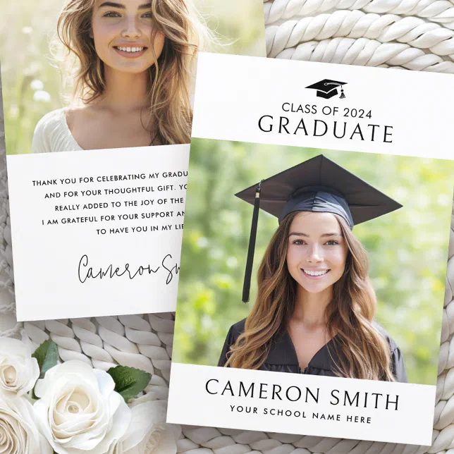 Classic graduation cap white photo graduate thank you card | Zazzle