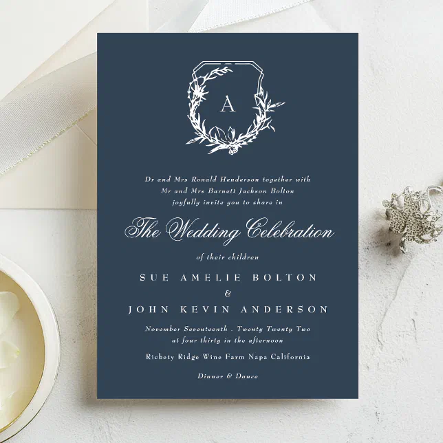 classic leafy navy blue crest wedding monogram invitation | Zazzle