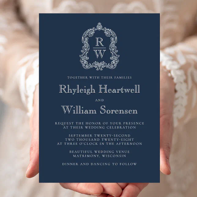Classic Navy Blue Monogram Crest Wedding Invitation | Zazzle