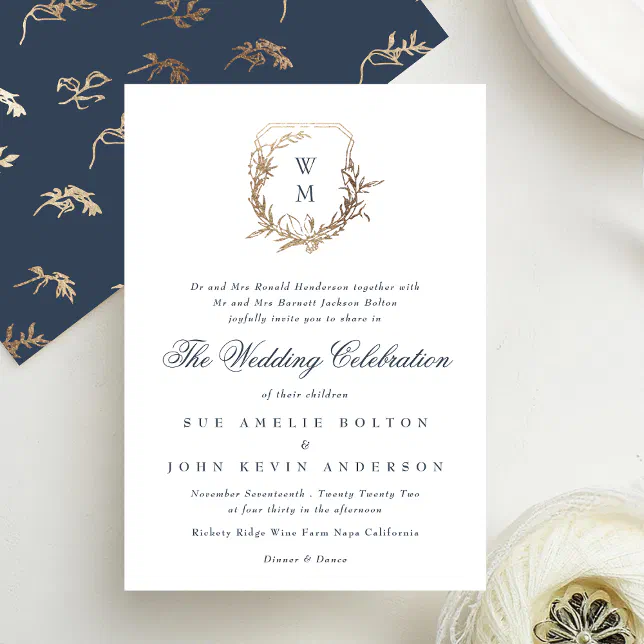 classic Navy Blue monogram wedding gold crest Invitation | Zazzle