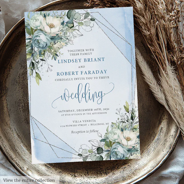 Classic Pastel Blue White Silver Roses Wedding Invitation | Zazzle