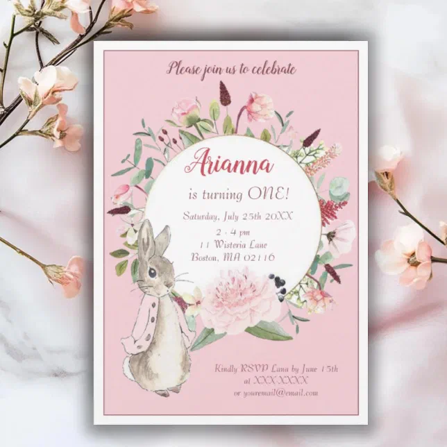 Classic Pink Peter Rabbit Floral Birthday Invitation | Zazzle