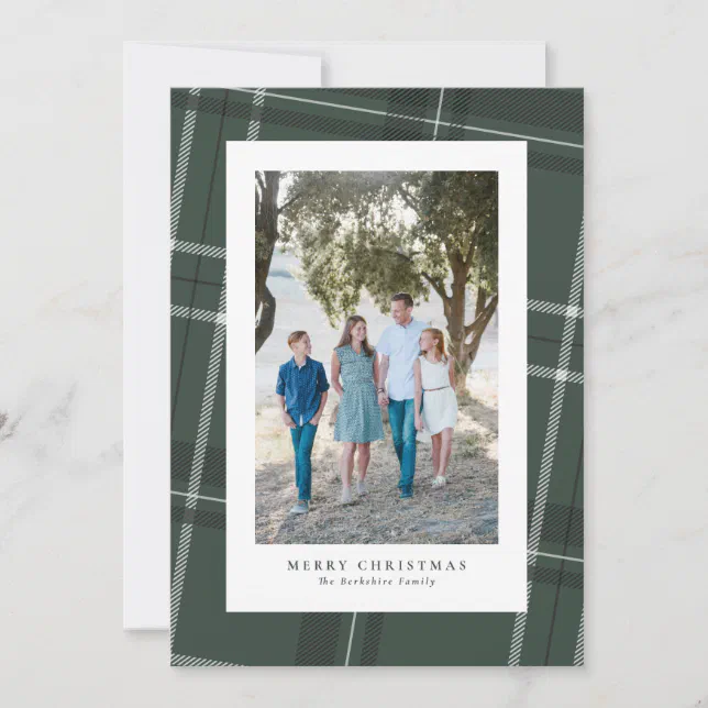 Classic plaid frame green photo holiday card | Zazzle