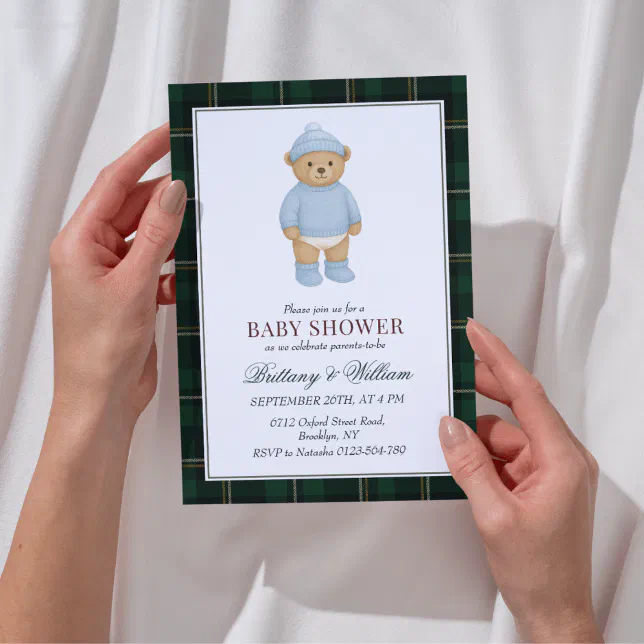 Classic Preppy Bear Designer Plaid Baby Shower Invitation | Zazzle