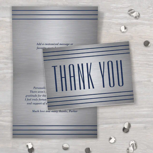 Classic Stripes Brushed Grey and Navy Blue Folded Thank You Card | Zazzle