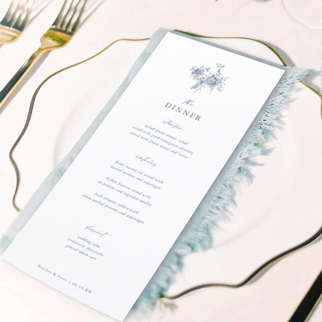Classic Victorian Blue Floral Wedding Dinner Menu | Zazzle