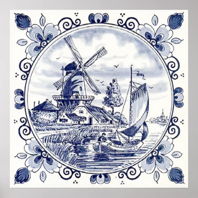 Classic Vintage Chic Dutch Windmill Delft Blue Poster | Zazzle