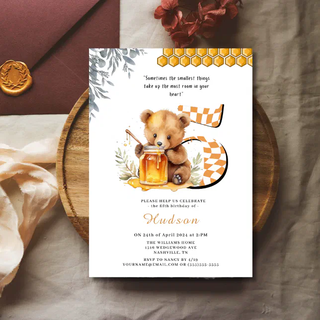 Classic Watercolor Bear Honey fifth birthday Invitation | Zazzle