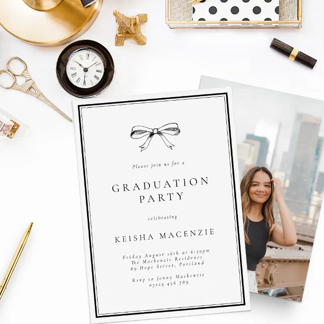 Classy Black Vintage Bow Photo Graduation Party Invitation | Zazzle