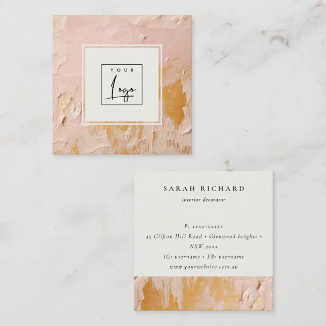 Classy Bush Pink Gold Oil Paint Texture Logo Square Business Card | Zazzle