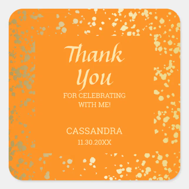 Classy Egypt Gold Sprinkles Orange Thank You Square Sticker | Zazzle