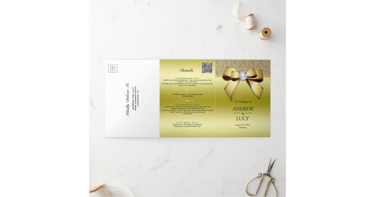 Classy Gold Jewel Gem Bow QR Code Wedding Tri-Fold Invitation | Zazzle