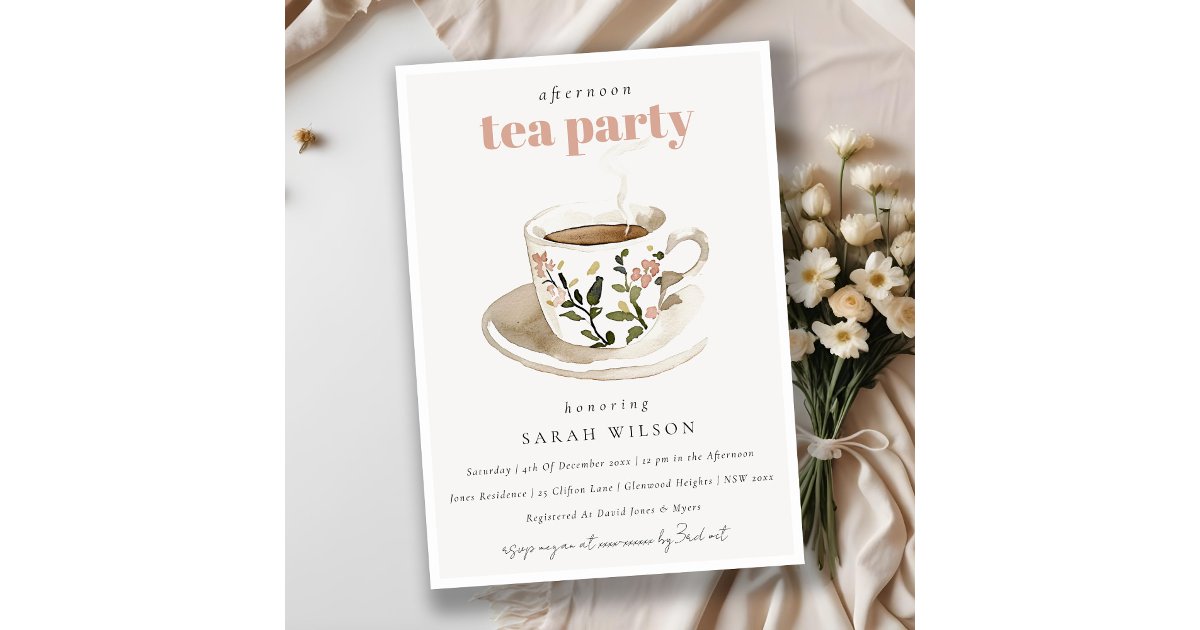 Classy Pastel Floral Tea Cup Afternoon Tea Party Invitation | Zazzle