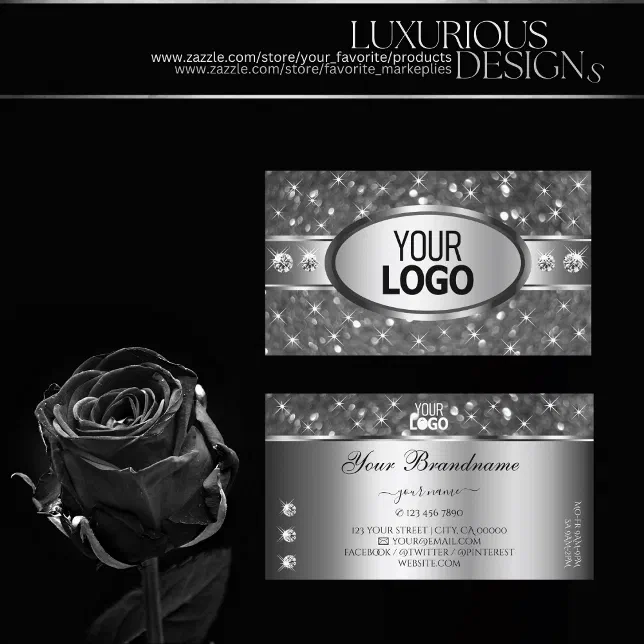 Classy Silver Glitter Sparkle Diamonds and Logo Business Card | Zazzle