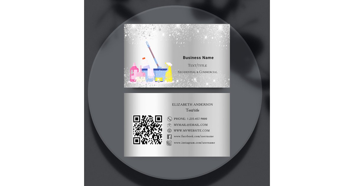 Cleaning service silver glitter dust QR code Business Card | Zazzle