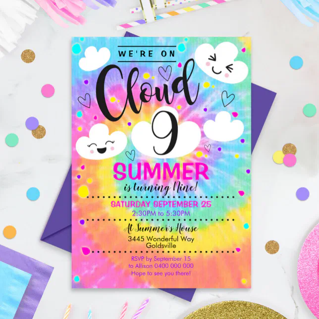 Cloud 9 Birthday Invitation Tie Dye Rainbow | Zazzle