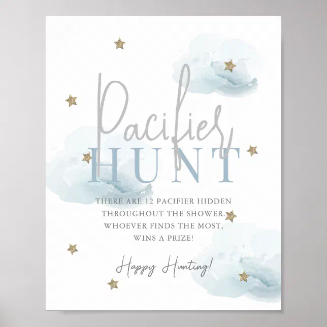 Cloud 9 Gold Stars Blue Baby Shower Pacifier Hunt Poster | Zazzle
