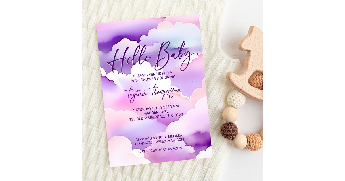 Cloud baby shower purple clouds baby shower invitation | Zazzle