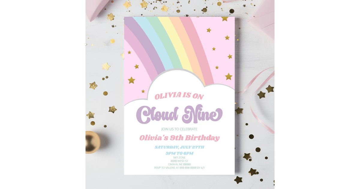 Cloud Nine Rainbow and Stars 9th Birthday Party Invitation | Zazzle