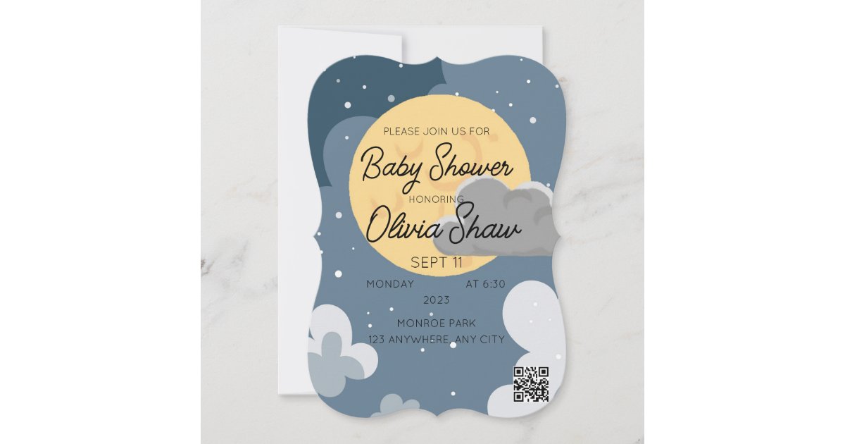 Cloudy Night Sky QR Code Baby Shower Template | Zazzle