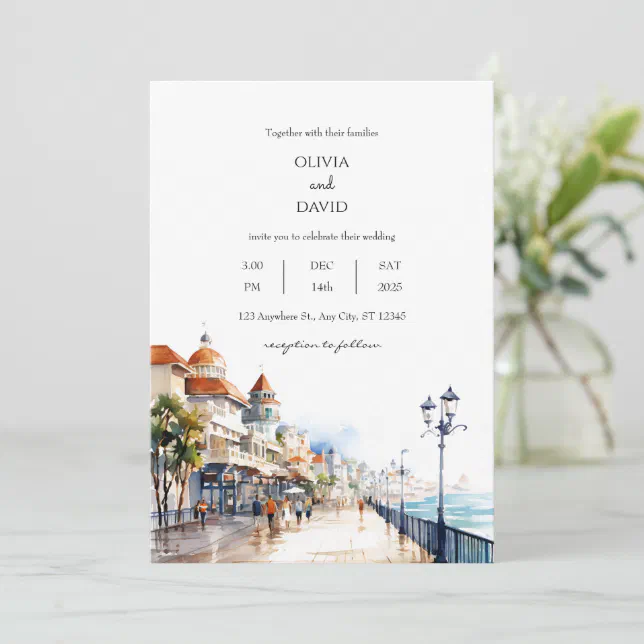 Coastal Beach Boardwalk Town City Scene wedding Invitation | Zazzle