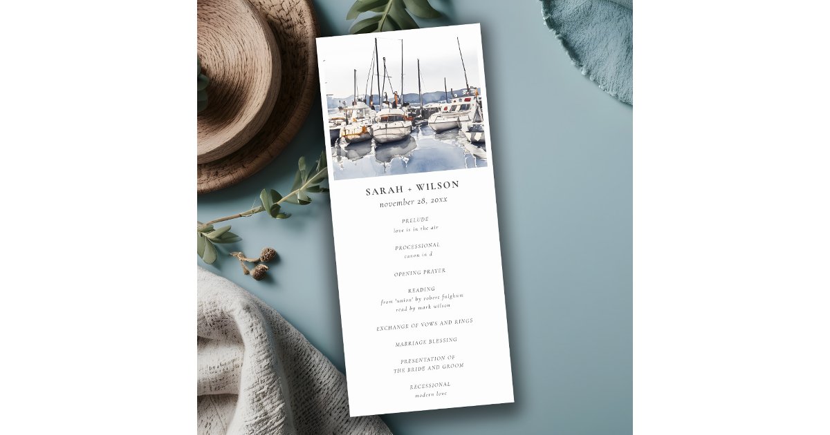 Coastal Boats at Harbour Seascape Wedding Program Invitation | Zazzle