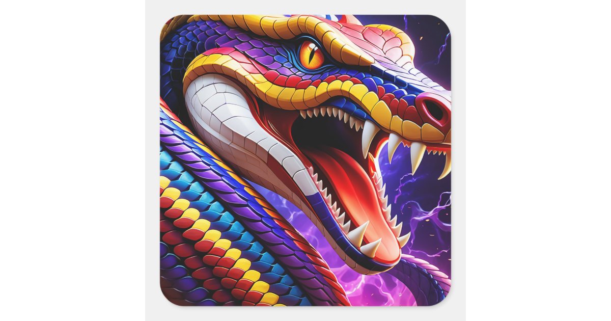 Cobra vibrant red blue and yellow scales square sticker | Zazzle