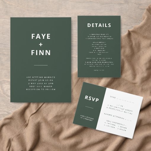 Dark Green | Moss Minimalist Scandi Modern Wedding Invitation | Zazzle