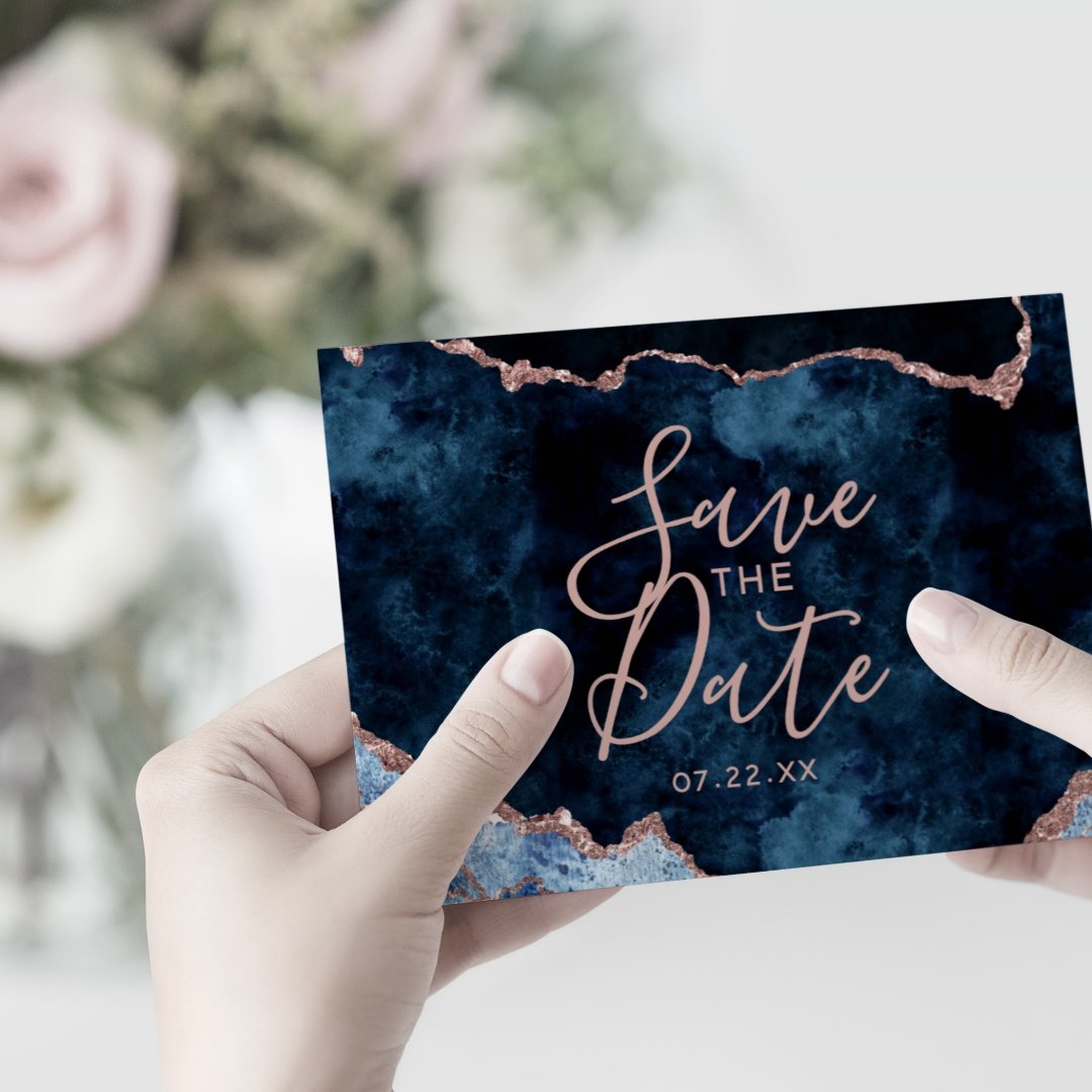 Navy Blue Rose Gold Foil Agate Wedding Invitations | Zazzle