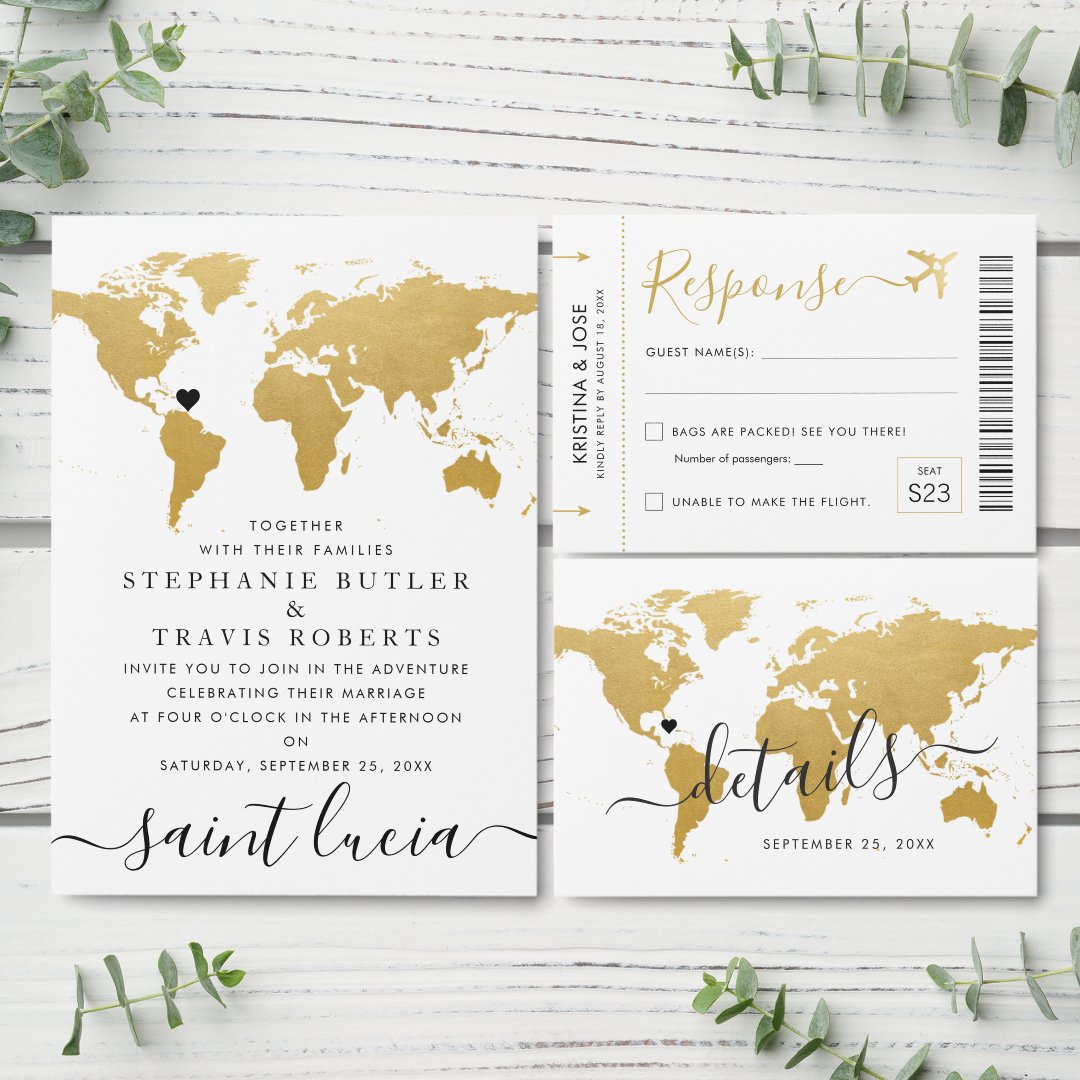Gold World Map Boarding Pass Ticket Save the Date Announcement | Zazzle