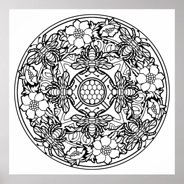 Color Your Own Bees Mandala Coloring Poster | Zazzle