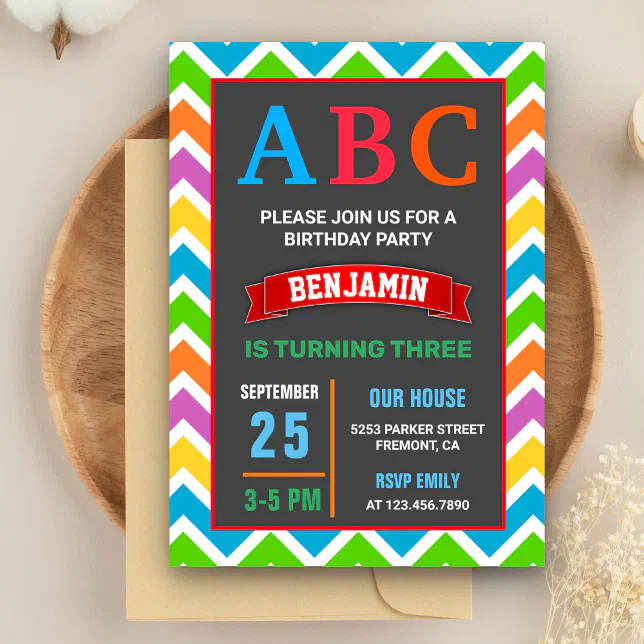 Colorful ABC Kids Alphabet Birthday Party Invitation | Zazzle