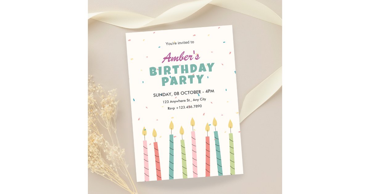 Colourful candle birthday party invitation | Zazzle