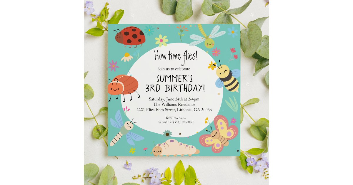 Colourful Cute Bugs Kids Square Birthday Invitation | Zazzle