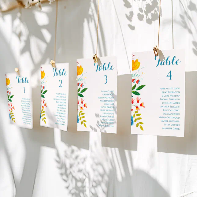 Colourful Floral Wedding Table Seating Chart Cards | Zazzle