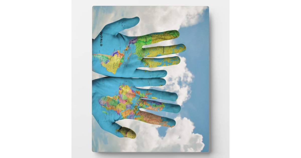 Colourful Painted World Map in Hands, Art Photo Plaque | Zazzle
