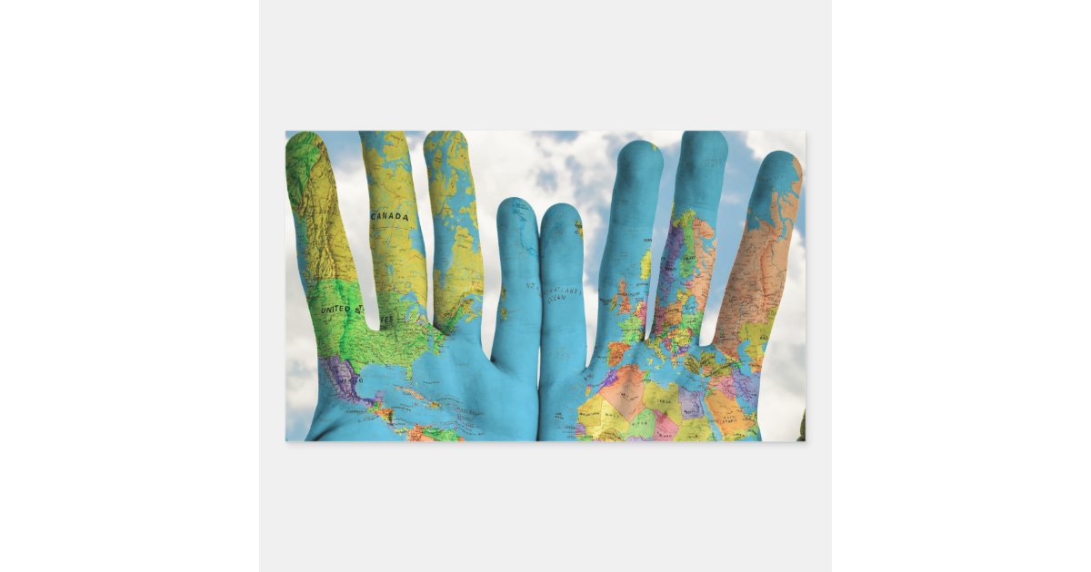 Colourful Painted World Map in Hands, Art Photo Rectangular Sticker ...