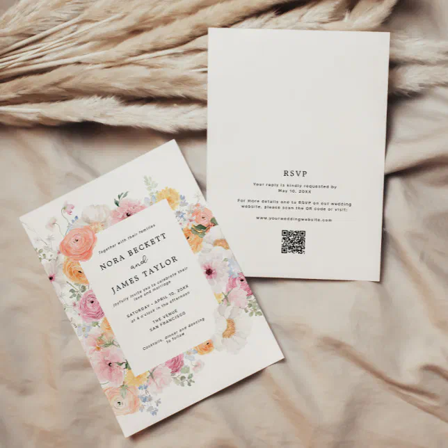Colourful Pastel Floral Frame QR Code Wedding Invitation | Zazzle
