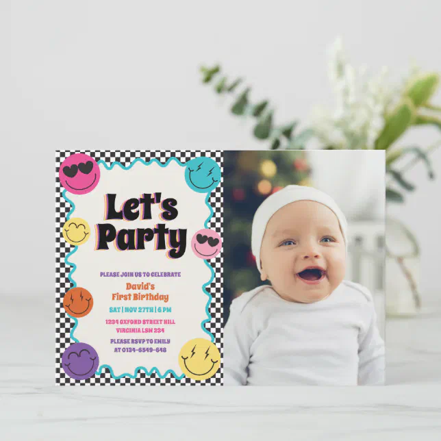 Colourful Retro Smiles Emoji Chequered Photo Birth Invitation | Zazzle