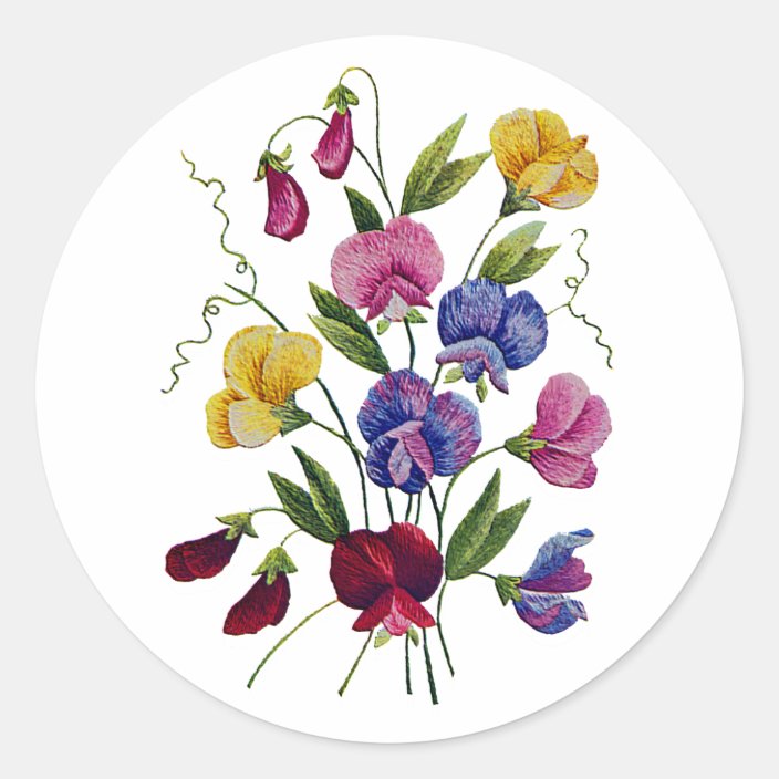 Colourful Sweet Peas Embroidered Classic Round Sticker | Zazzle.co.uk