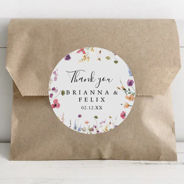 Colourful Wild Floral Thank You Wedding Favour Classic Round Sticker ...