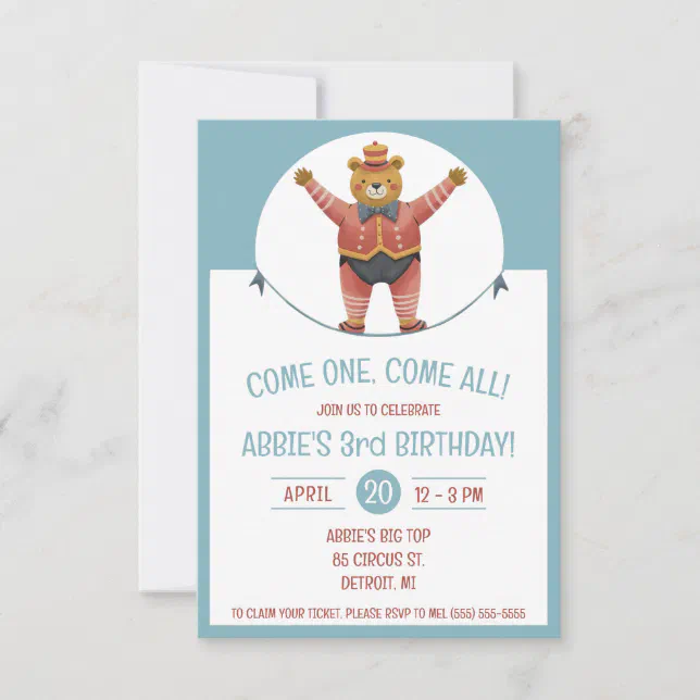 Come One, Come All! Circus Bear Birthday Party Invitation | Zazzle